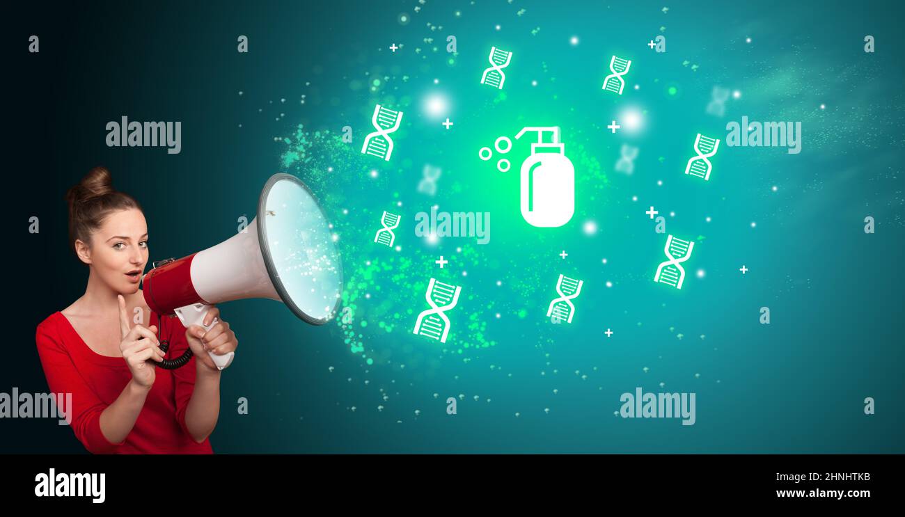 Young person with megaphone and healthcare icon Stock Photo - Alamy