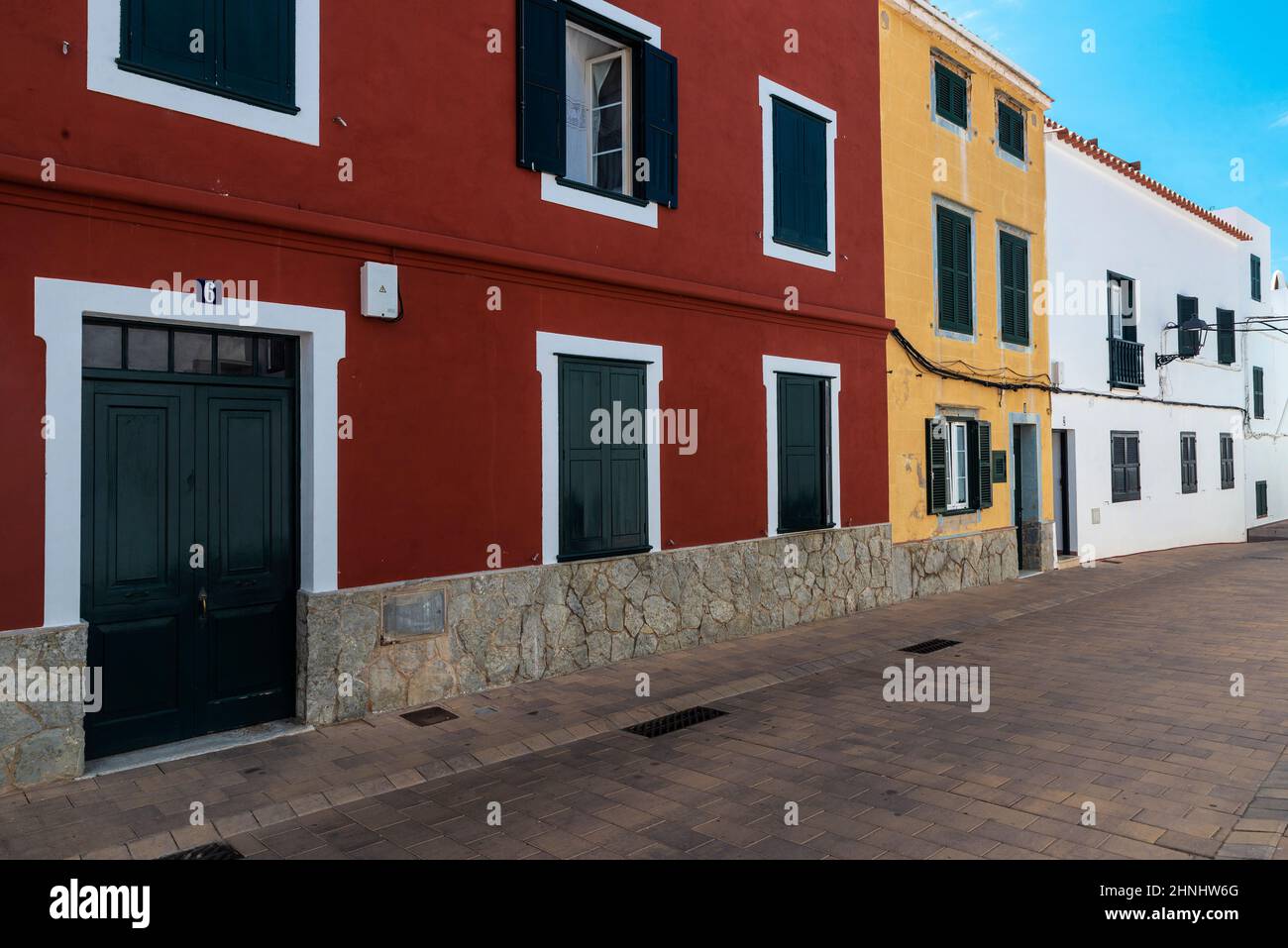 Old typical houses in the village of Fornells on summer in Menorca ...