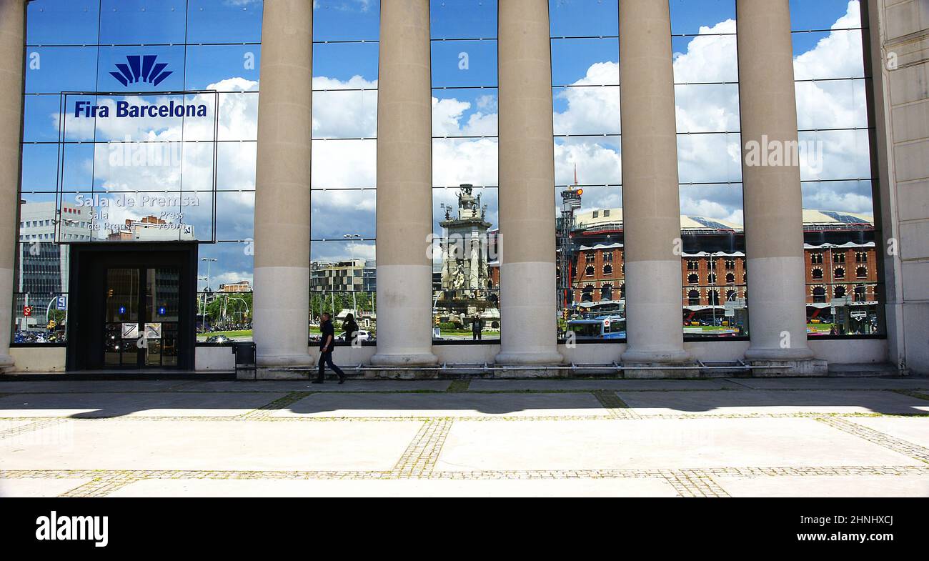 Facade of the Fira Barcelona building in Plaza de España, Barcelona ...