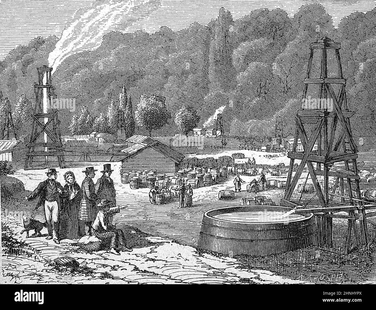 Erdölquelle in Pennsylvania, Amerika, im Jahre 1870 / Oil well in ...