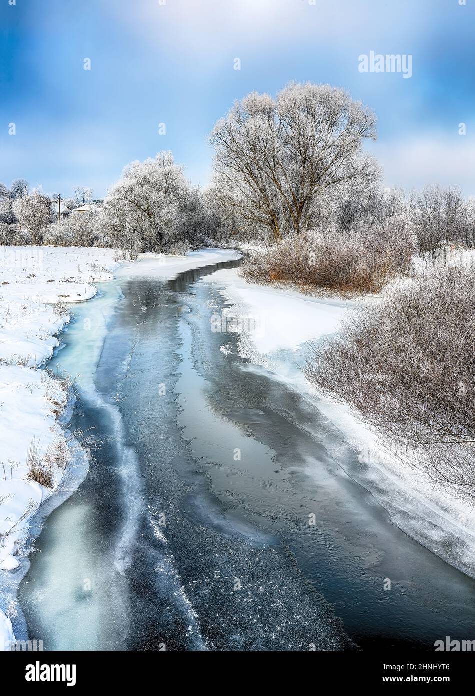 Beautiful Winter landscape scene background with snow covered trees and ...