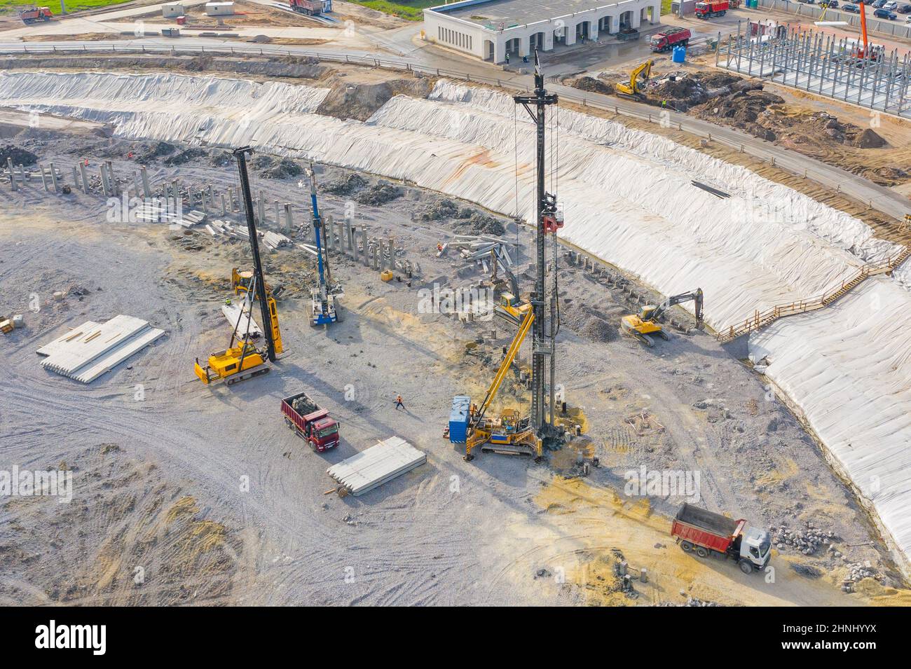 Drill, bore pile rig machine at the construction site aerial view Stock ...