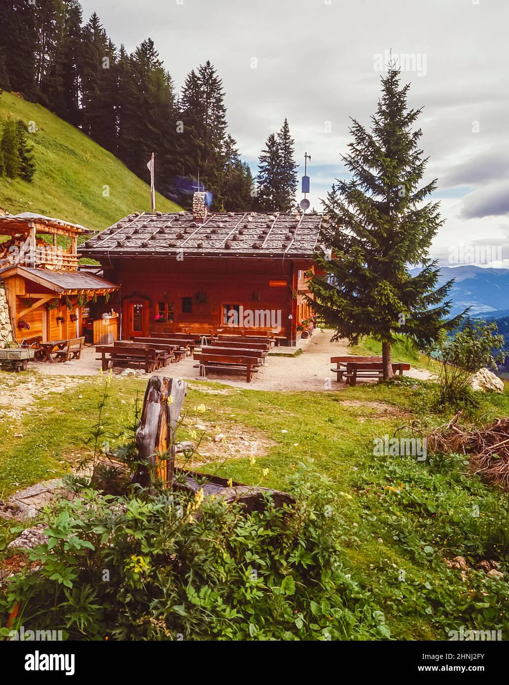This scenic landscape is of the Schlernboden Hut mountain refuge ...