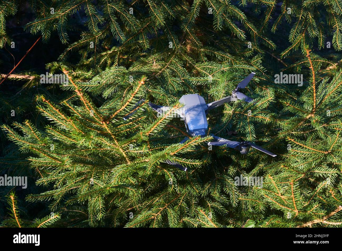 Broken destroyed drone after an accident hanging in the branches of a ...