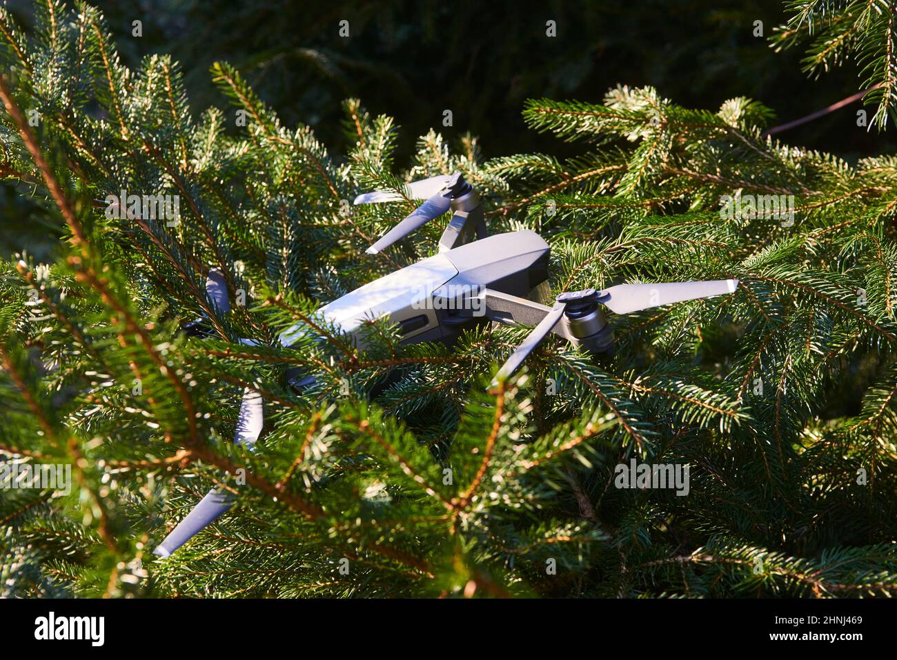 Broken destroyed drone after an accident hanging in the branches of a ...
