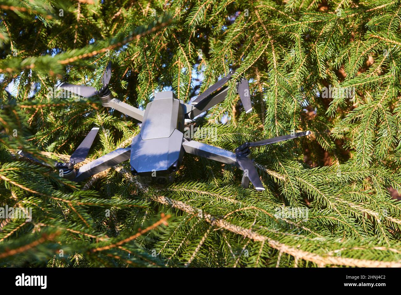 Broken destroyed drone after an accident hanging in the branches of a ...