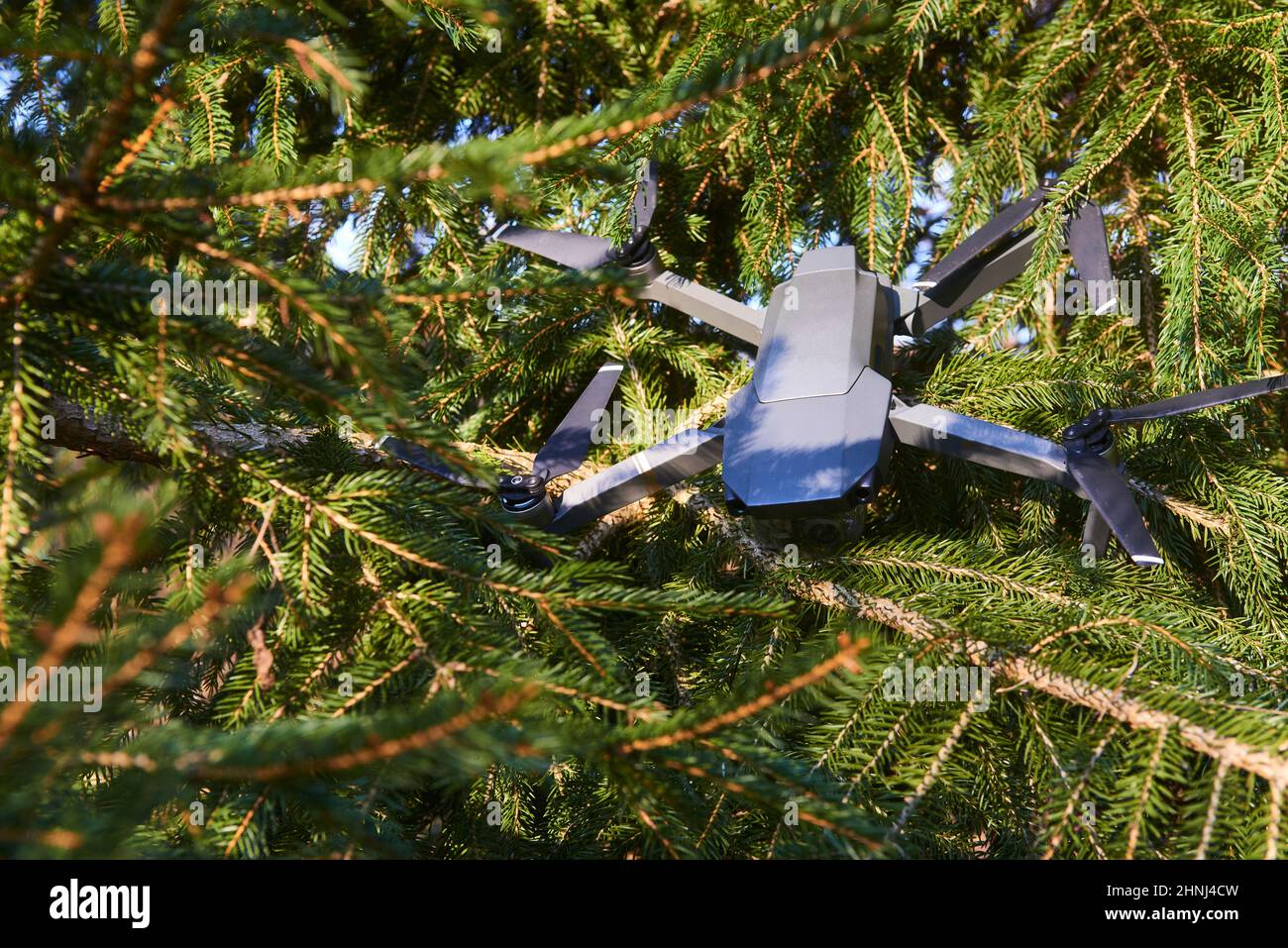 Broken destroyed drone after an accident hanging in the branches of a ...