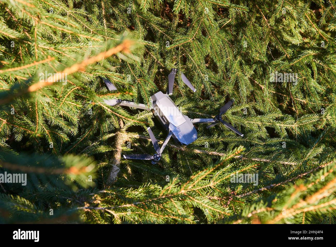 Broken destroyed drone after an accident hanging in the branches of a ...