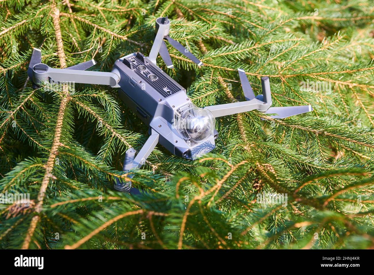 Broken destroyed drone after an accident hanging in the branches of a ...
