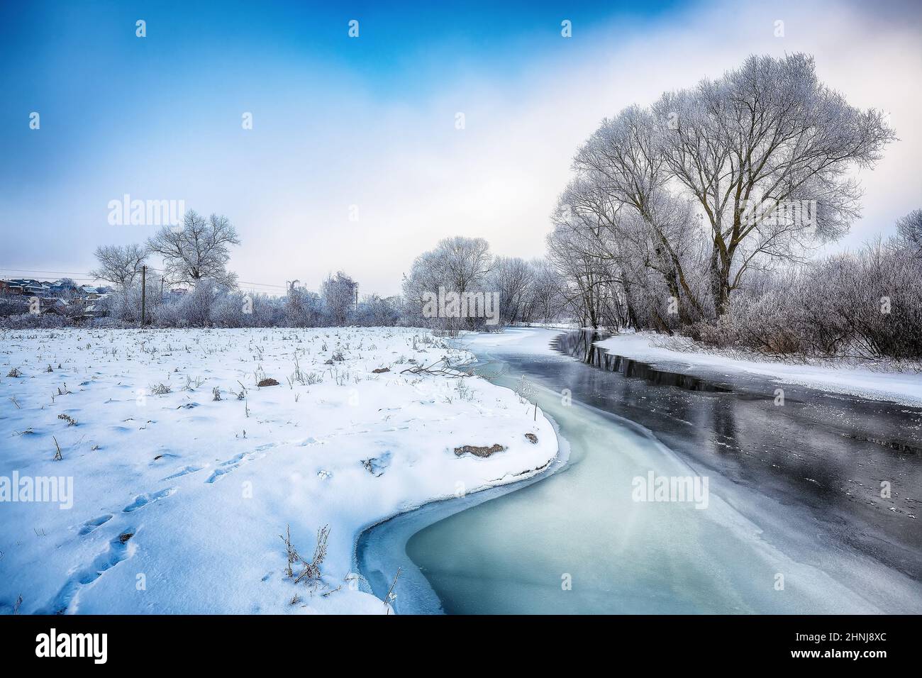 Beautiful Winter landscape scene background with snow covered trees and ...