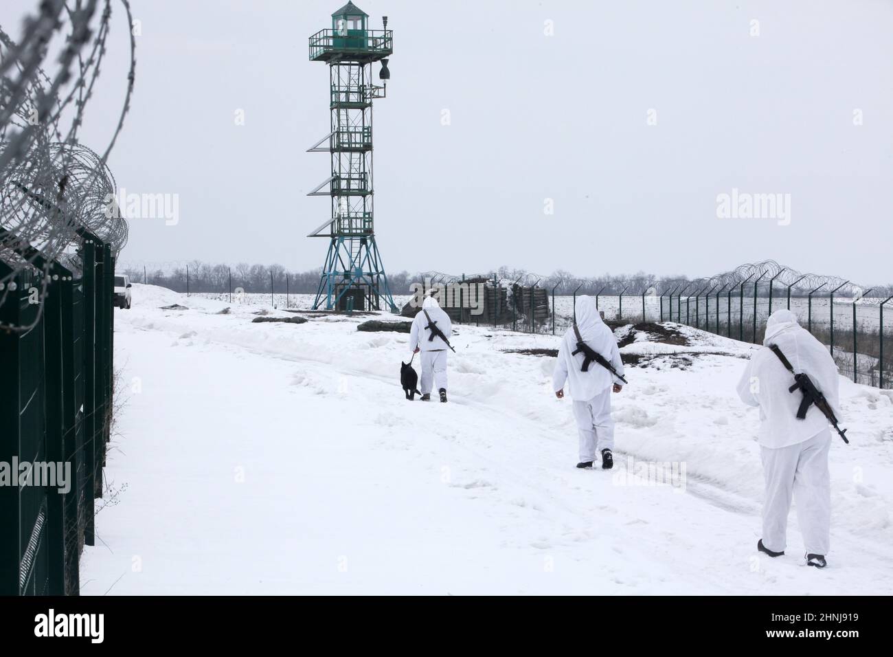 KHARKIV REGION, UKRAINE - FEBRUARY 16, 2022 - Three border guards in ...