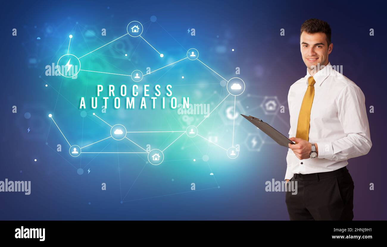 Businessman thinking about technology Stock Photo - Alamy