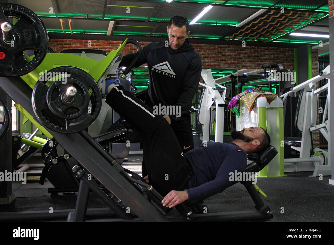 GAZA CITY, Feb. 17, 2022 (Xinhua) -- A Gazan coach trains a young man ...