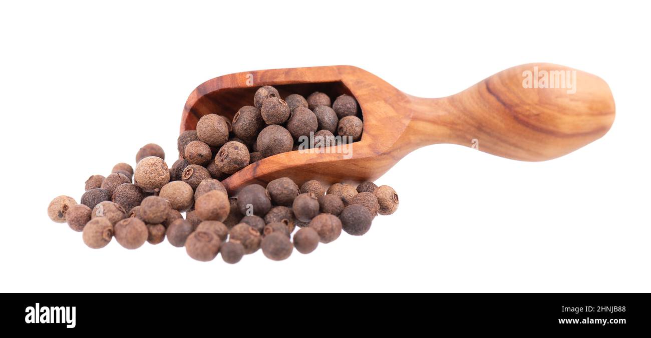 Allspice in wooden scoop, isolated on white background. Jamaican pepper ...