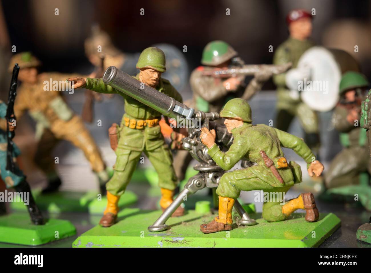 Italy, Lombardy, Flea Market, Painted Model of Soldiers in Action Stock ...