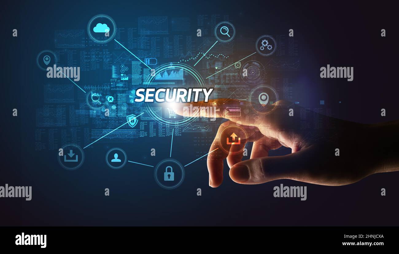 Hand touching cybersecurity button Stock Photo - Alamy