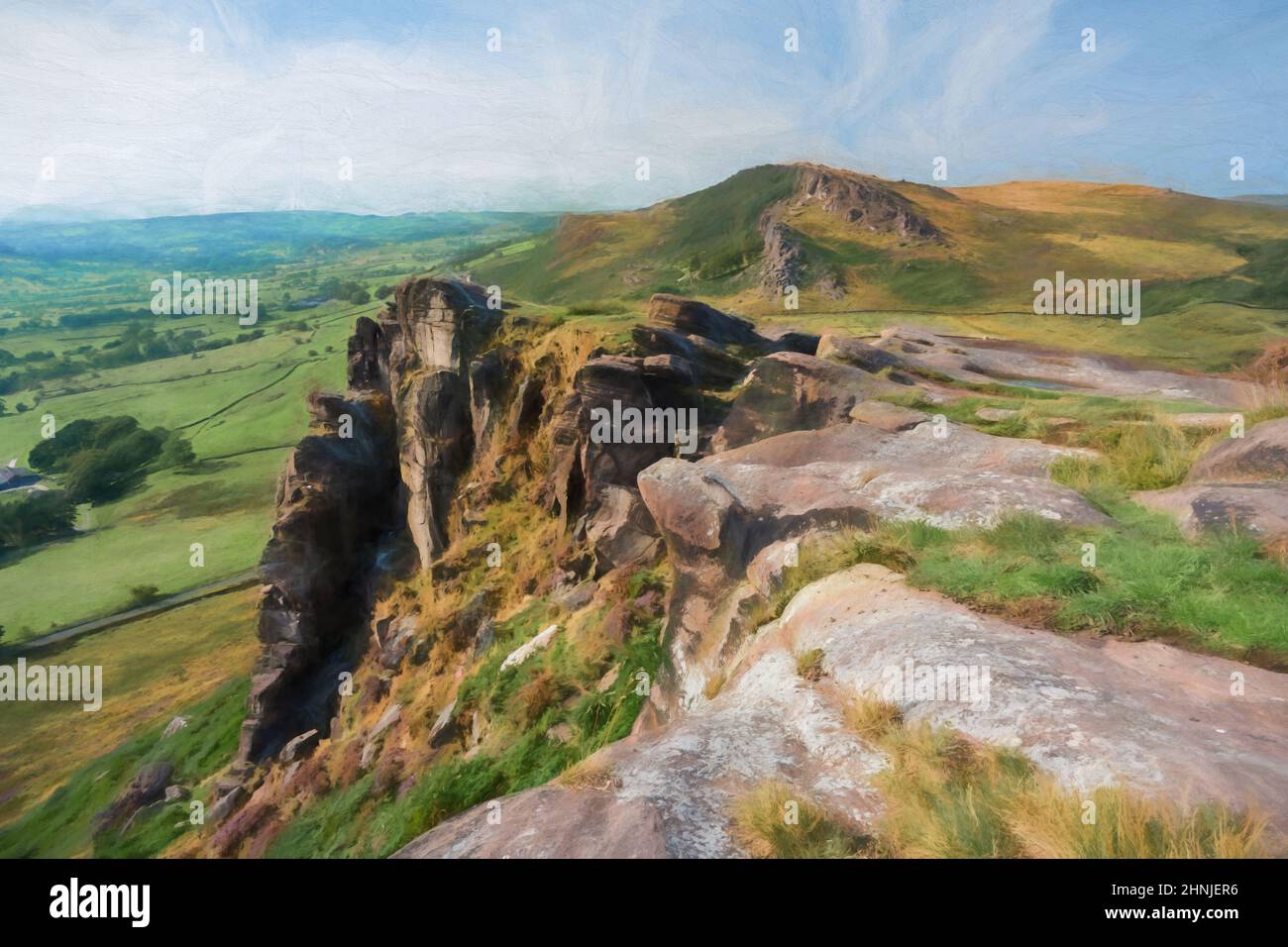 Digital painting of a panoramic view of purple heather at The Roaches ...
