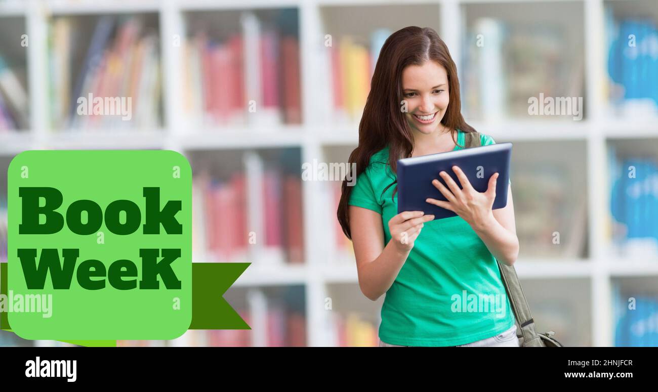 Book week text over smiling caucasian teenage girl reading book with ...