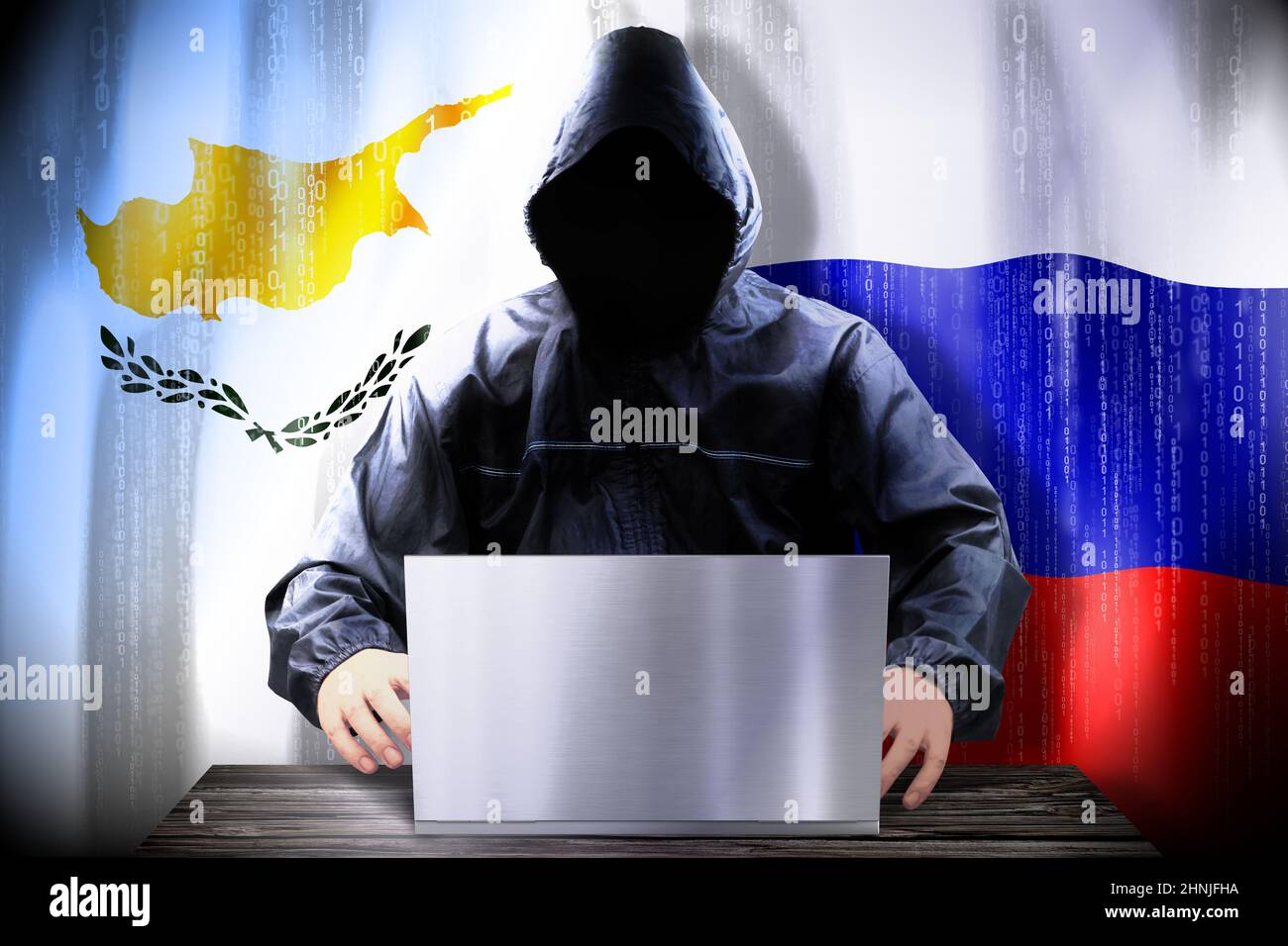 Anonymous hacker working on a laptop, flags of Cyprus and Russia Stock ...