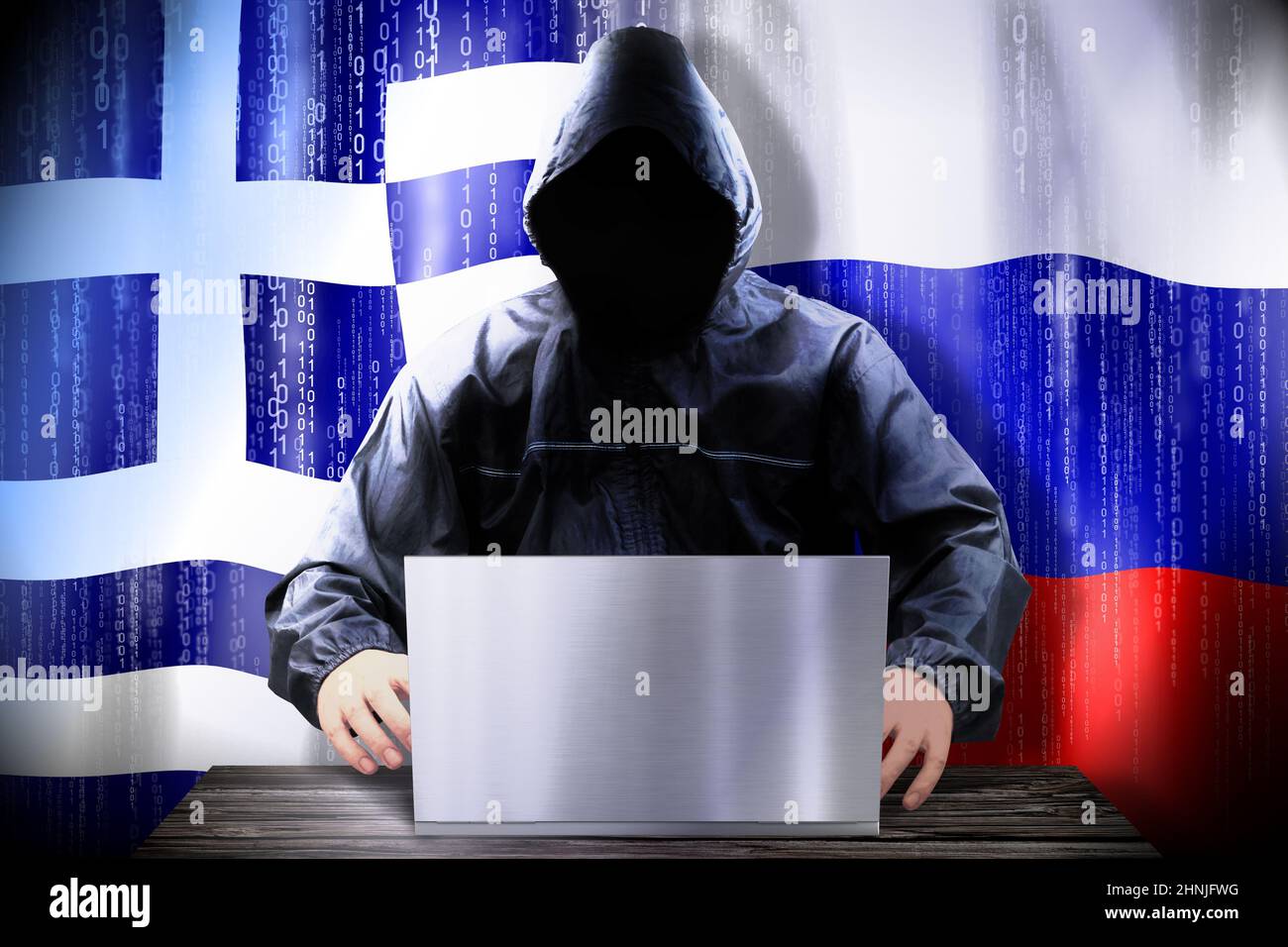 Anonymous hacker working on a laptop, flags of Greece and Russia Stock ...