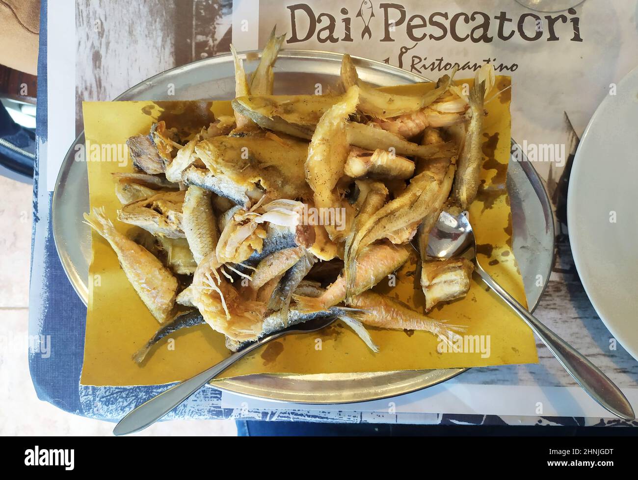 Typical fried fish called fritto di paranza, small fish, Porto Recanati ...