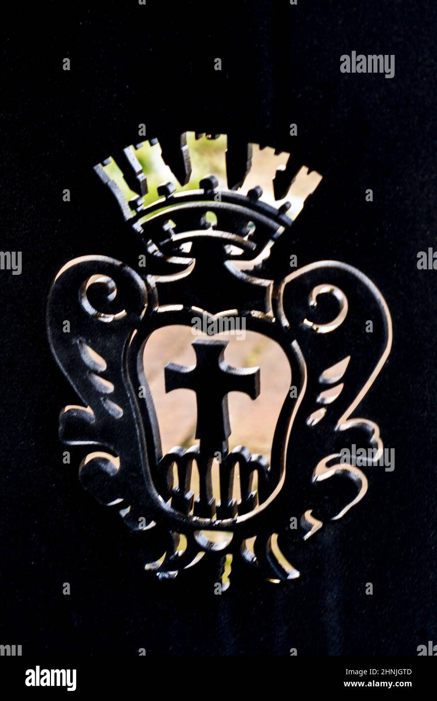 Coat of arms on the benches of the public gardens, Potenza Picena ...