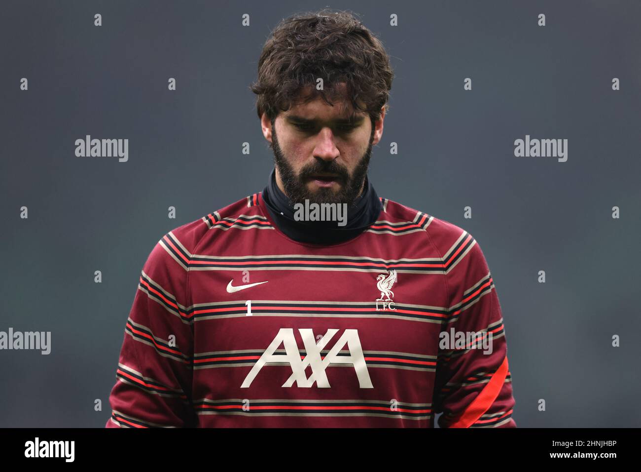Milan, Italy, 16th February 2022. Alisson Becker of Liverpool FC reacts ...