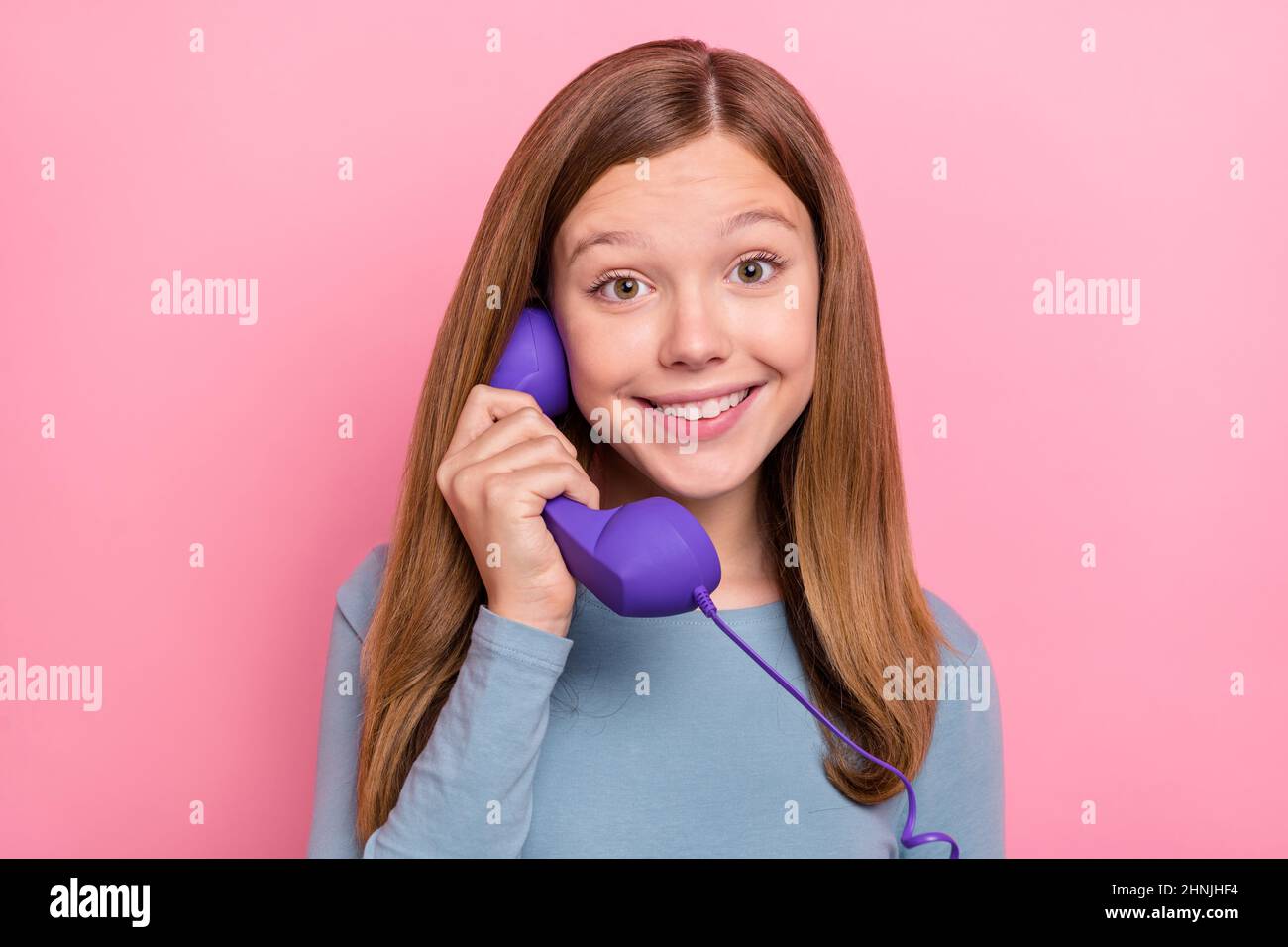 Portrait of attractive cheerful funny girl talking on phone discussing ...