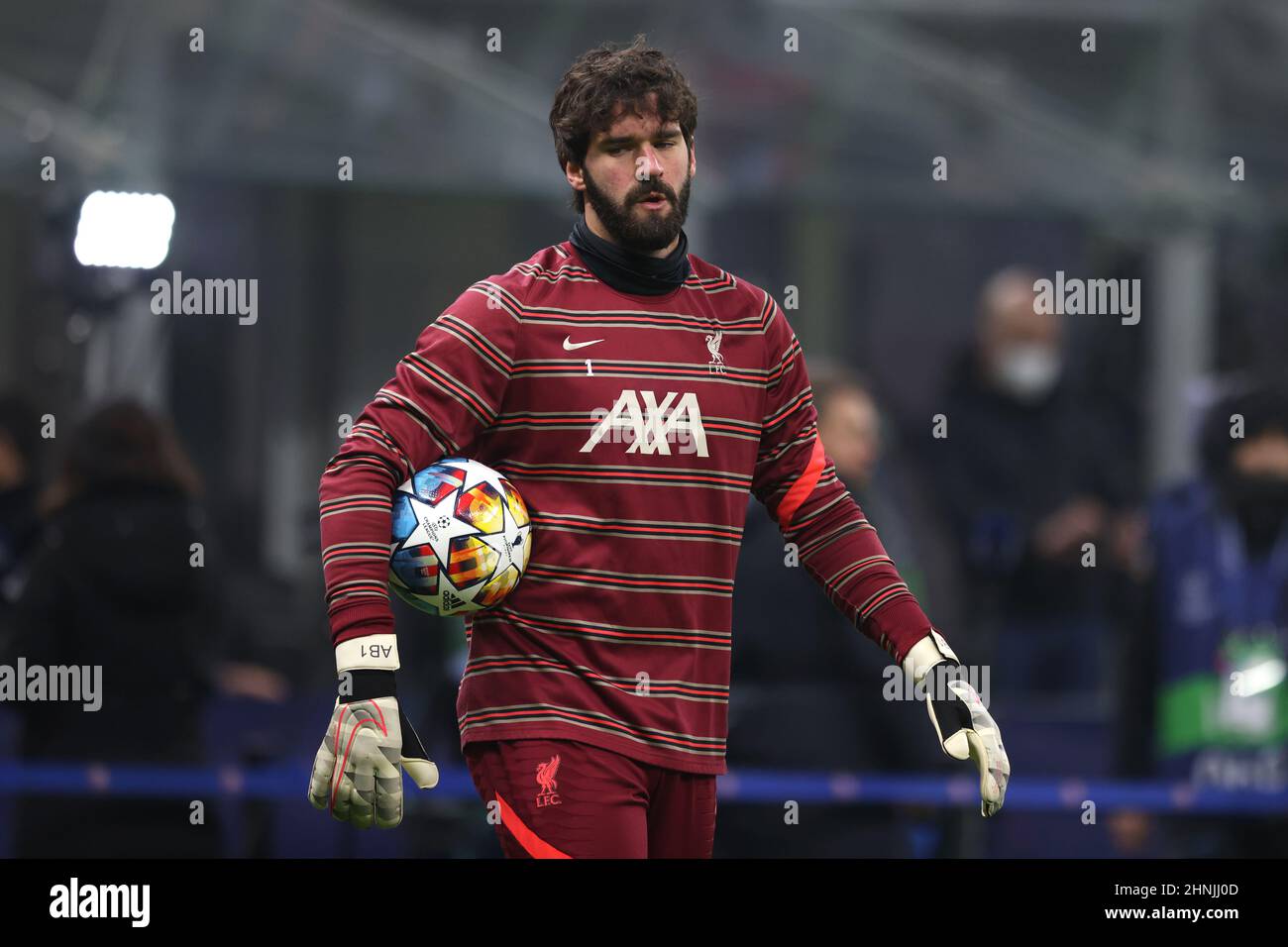 Milan, Italy, 16th February 2022. Alisson Becker of Liverpool FC reacts ...