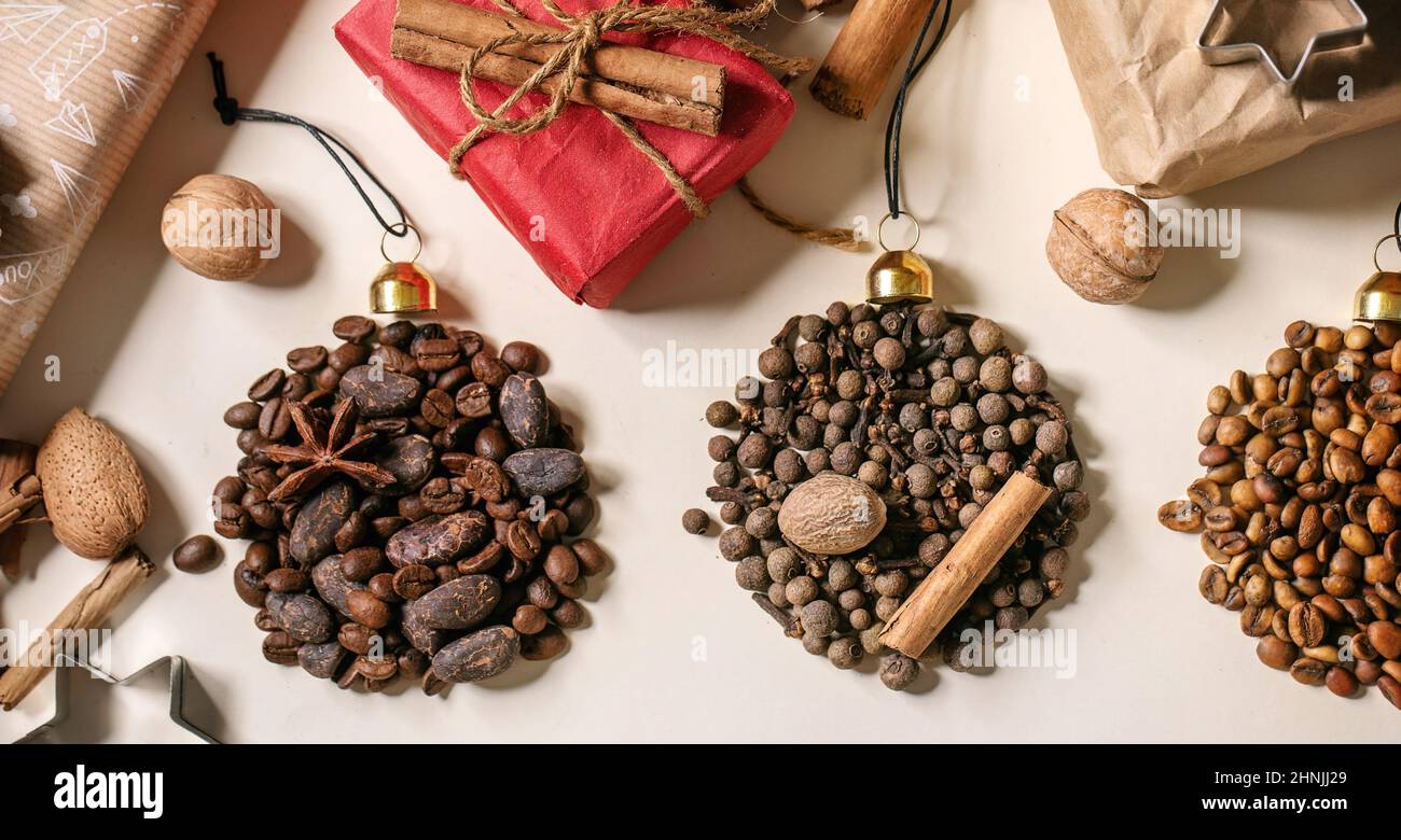 Aromatic spices collection and different coffee beans as Christmas ...