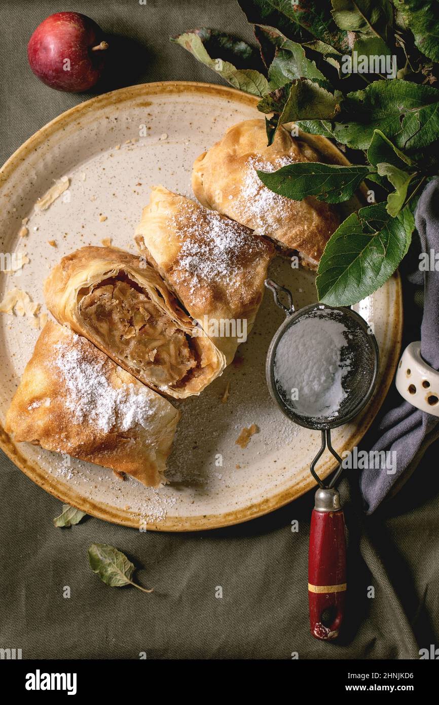 Homemade sliced traditional apple strudel pie in spotted ceramic plate ...