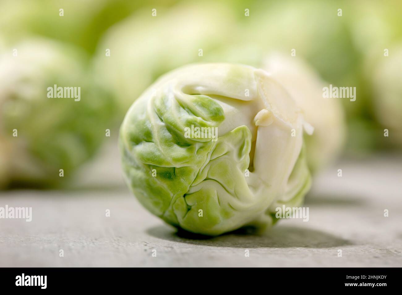 Macro peeled raw organic brussels sprouts mini cabbage. Food background ...
