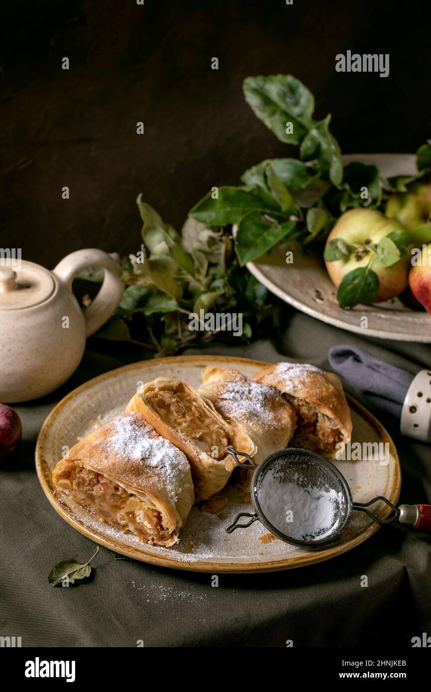 Homemade sliced traditional apple strudel pie in spotted ceramic plate ...