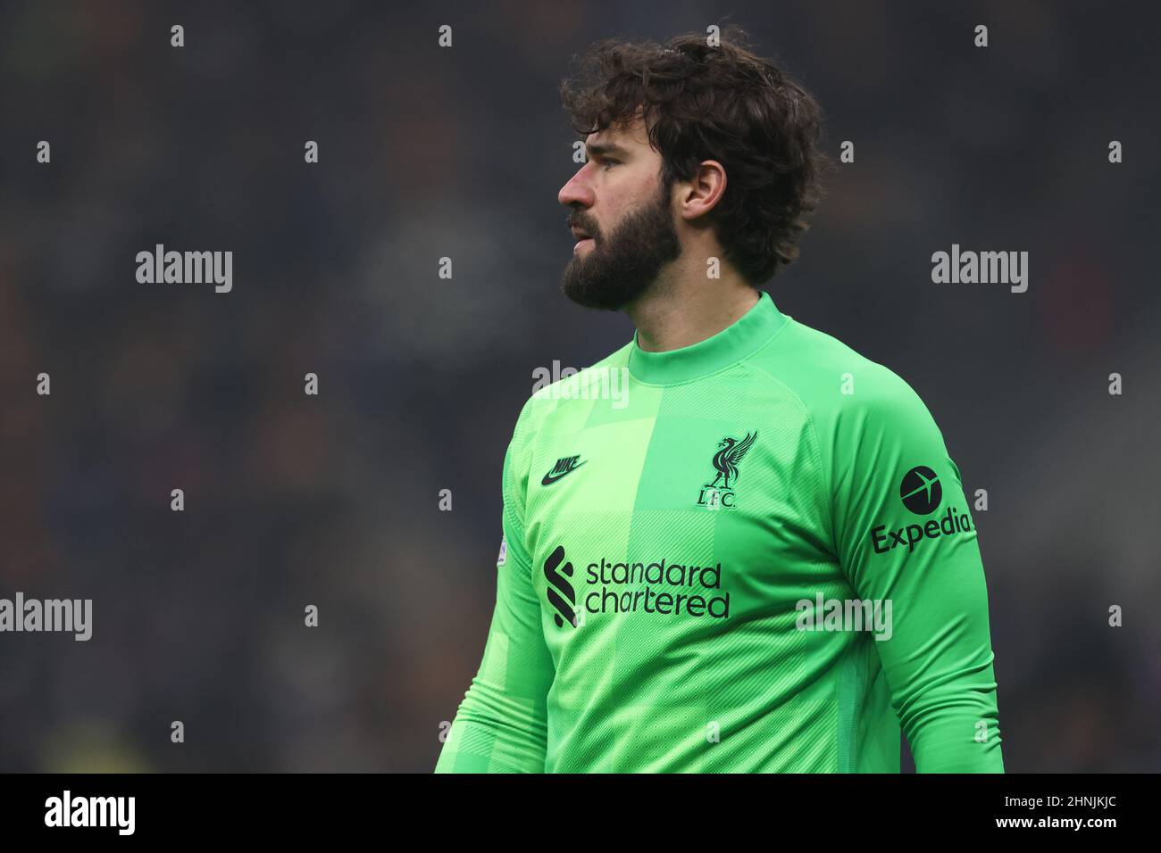 Milan, Italy, 16th February 2022. Alisson Becker of Liverpool FC reacts ...