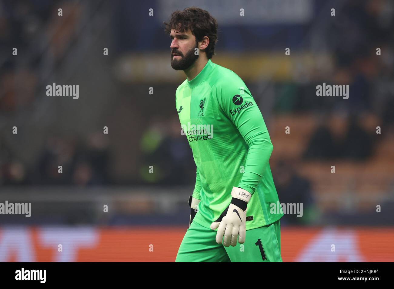Milan, Italy, 16th February 2022. Alisson Becker of Liverpool FC reacts ...