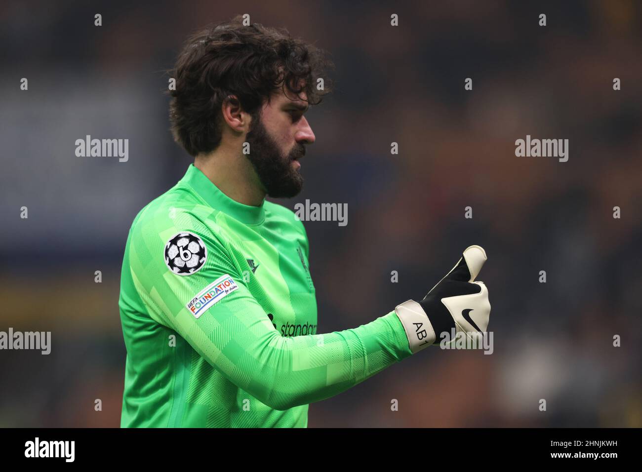 Milan, Italy, 16th February 2022. Alisson Becker of Liverpool FC reacts ...