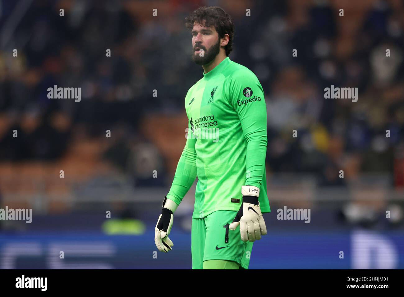 Milan, Italy, 16th February 2022. Alisson Becker of Liverpool FC reacts ...