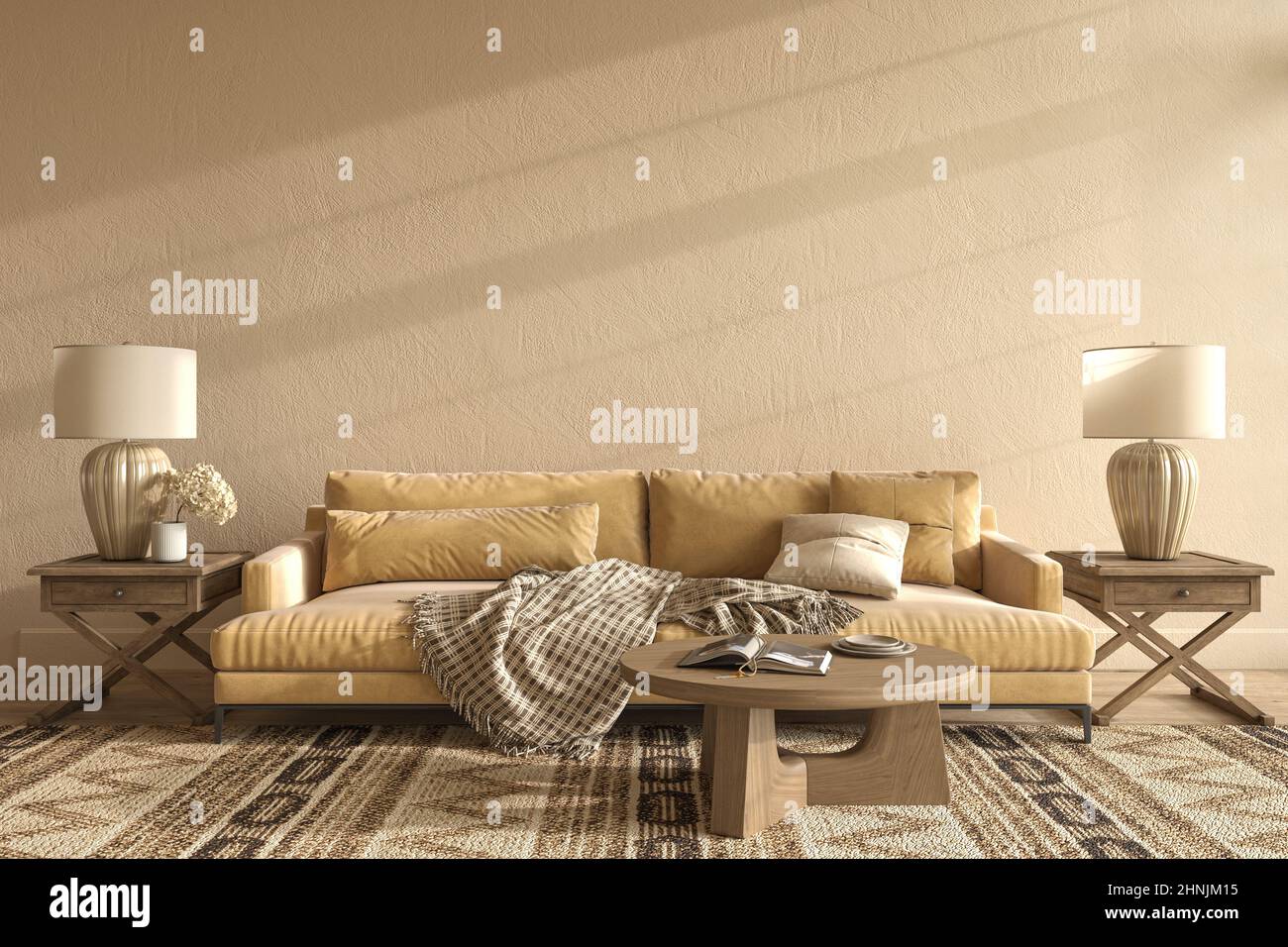 Scandi Boho lighting interior design with sunray. House mock up empty ...