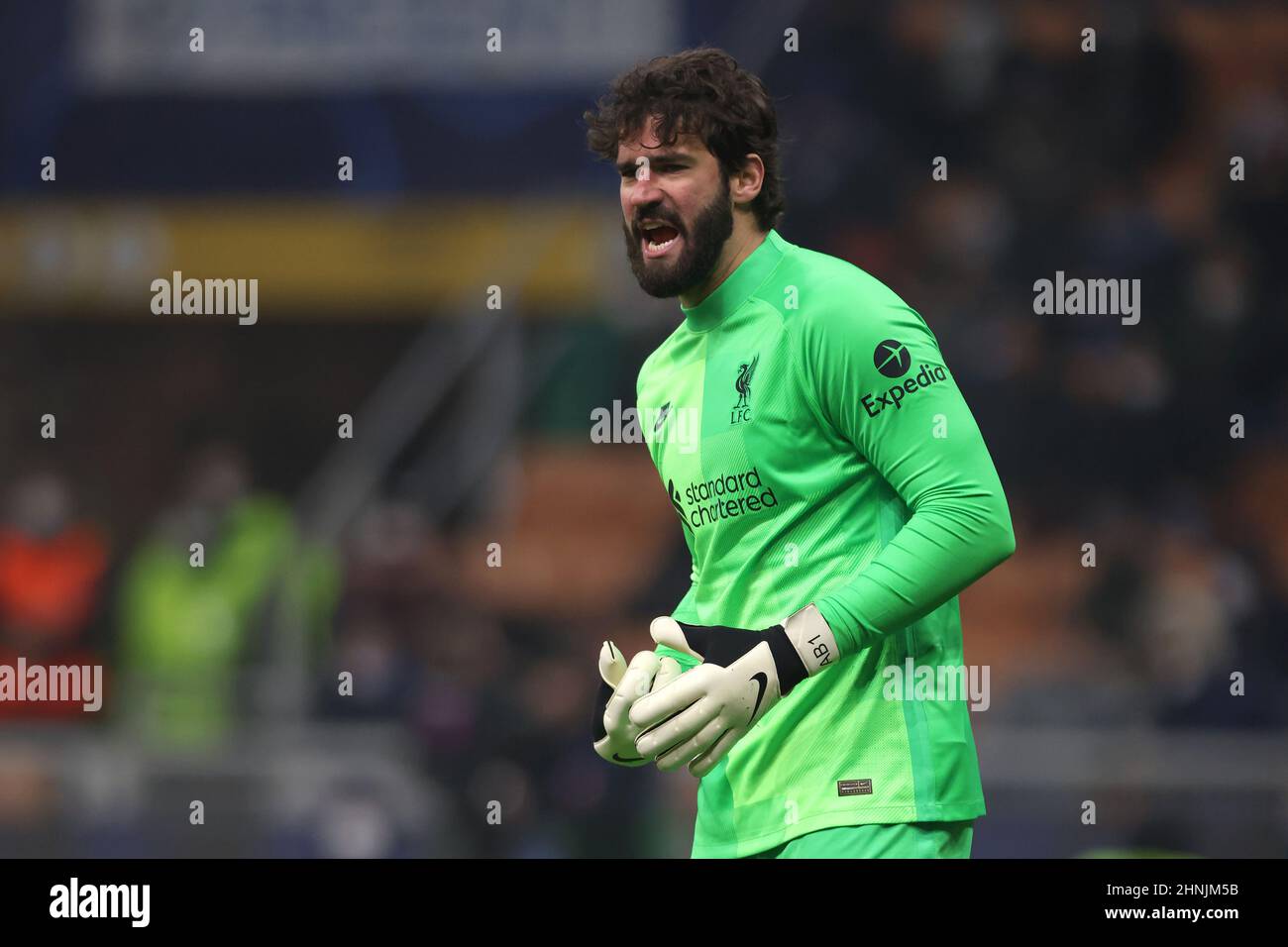 Milan, Italy, 16th February 2022. Alisson Becker of Liverpool FC reacts ...