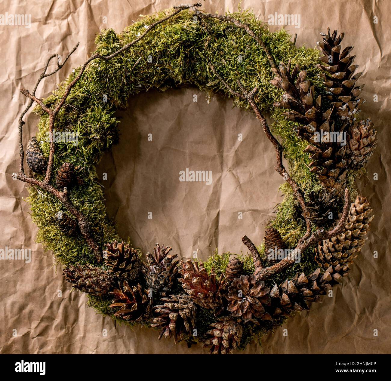 Handmade DIY craft Christmas holidays wreath with natural trendy forest ...