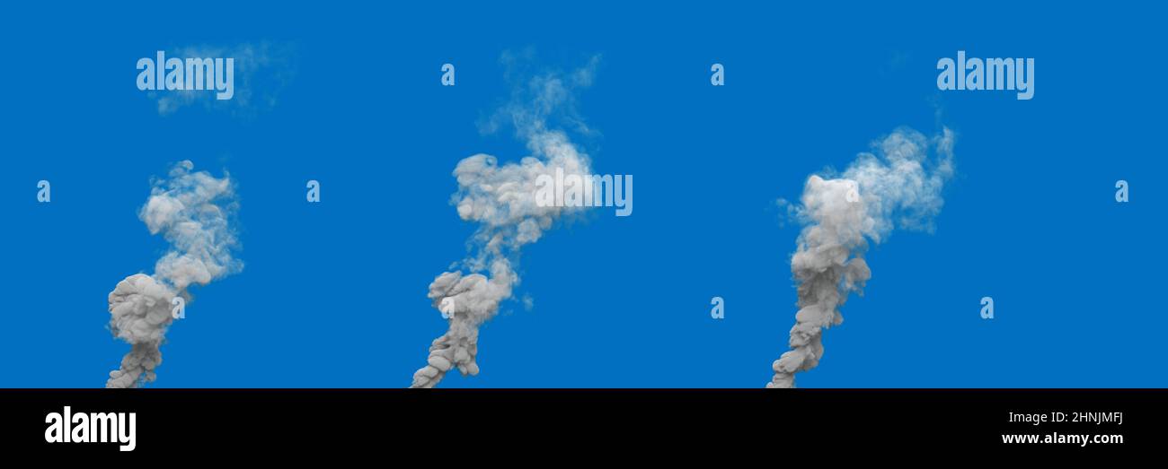 3 grey pollution smoke columns from power plant on blue, isolated ...