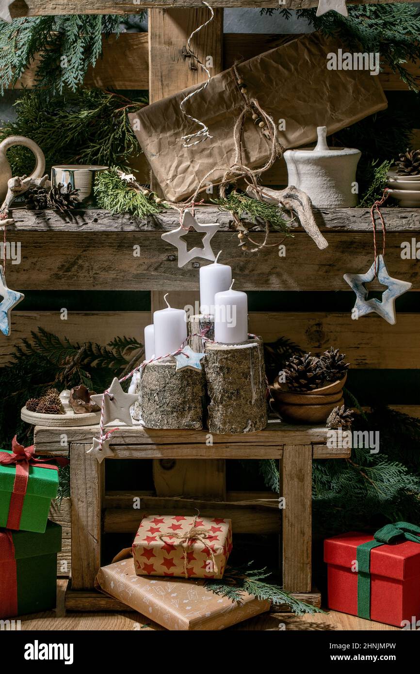 Christmas fashion rustic style interior decor with craft handmade wood ...