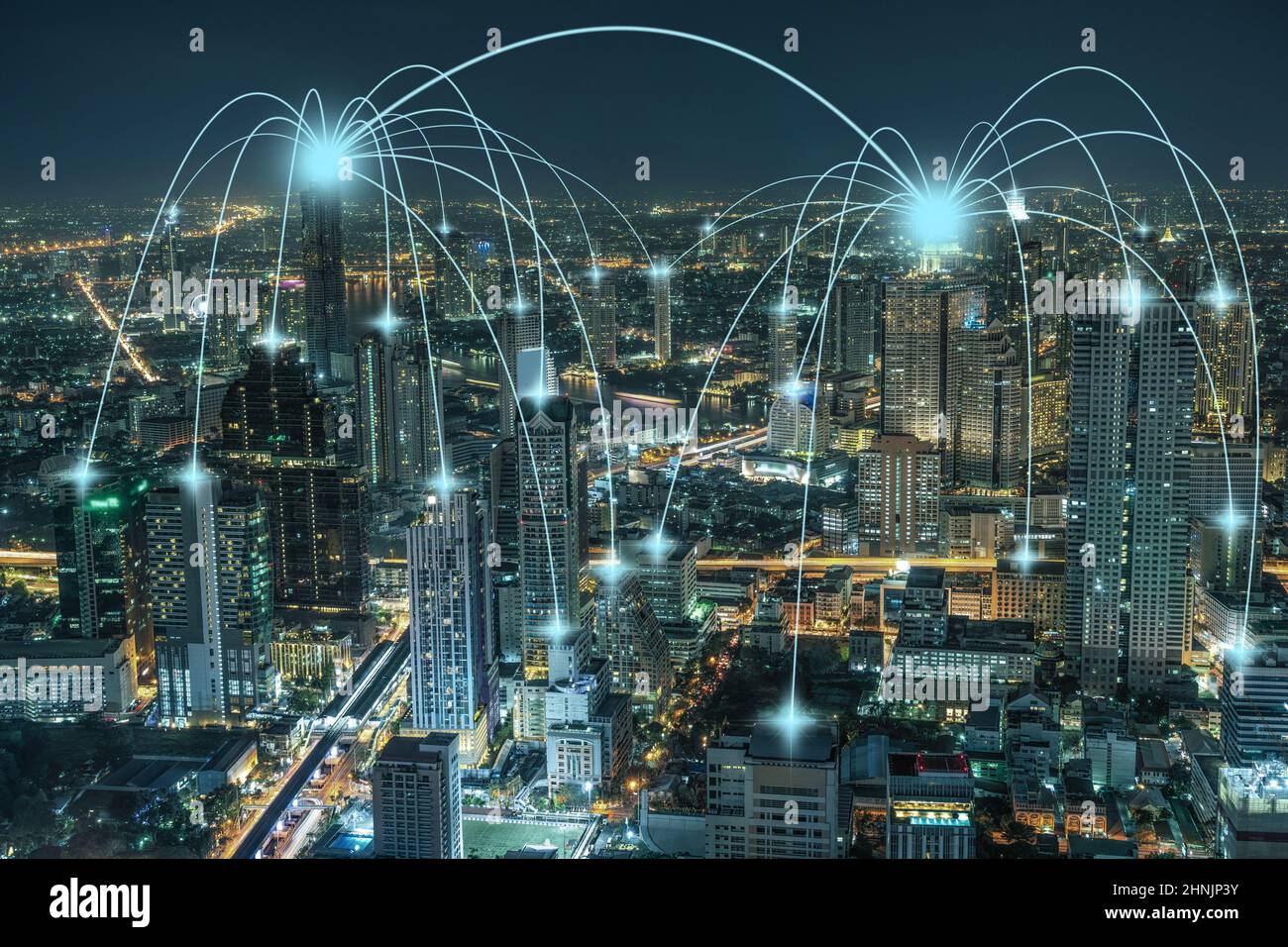 Computer Network connection line between building over Scene of ...