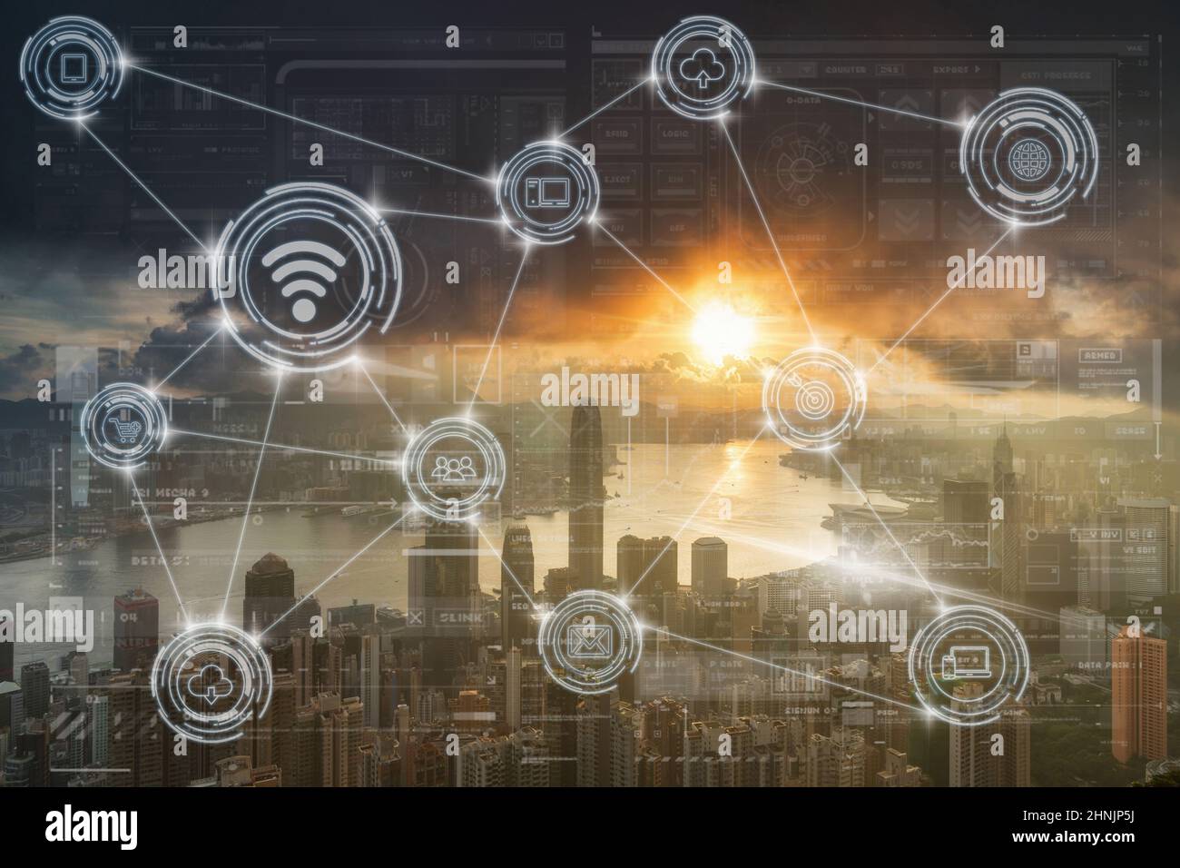 technology digital virtual screen and Wireless communication connecting ...