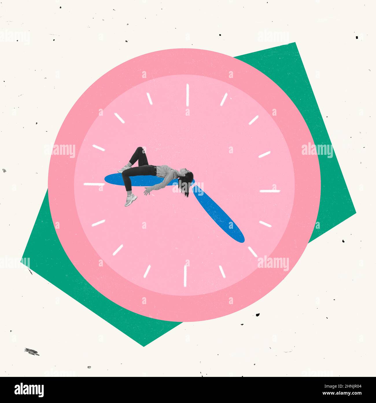 Creative business design of young woman, employee lying on clock hand ...