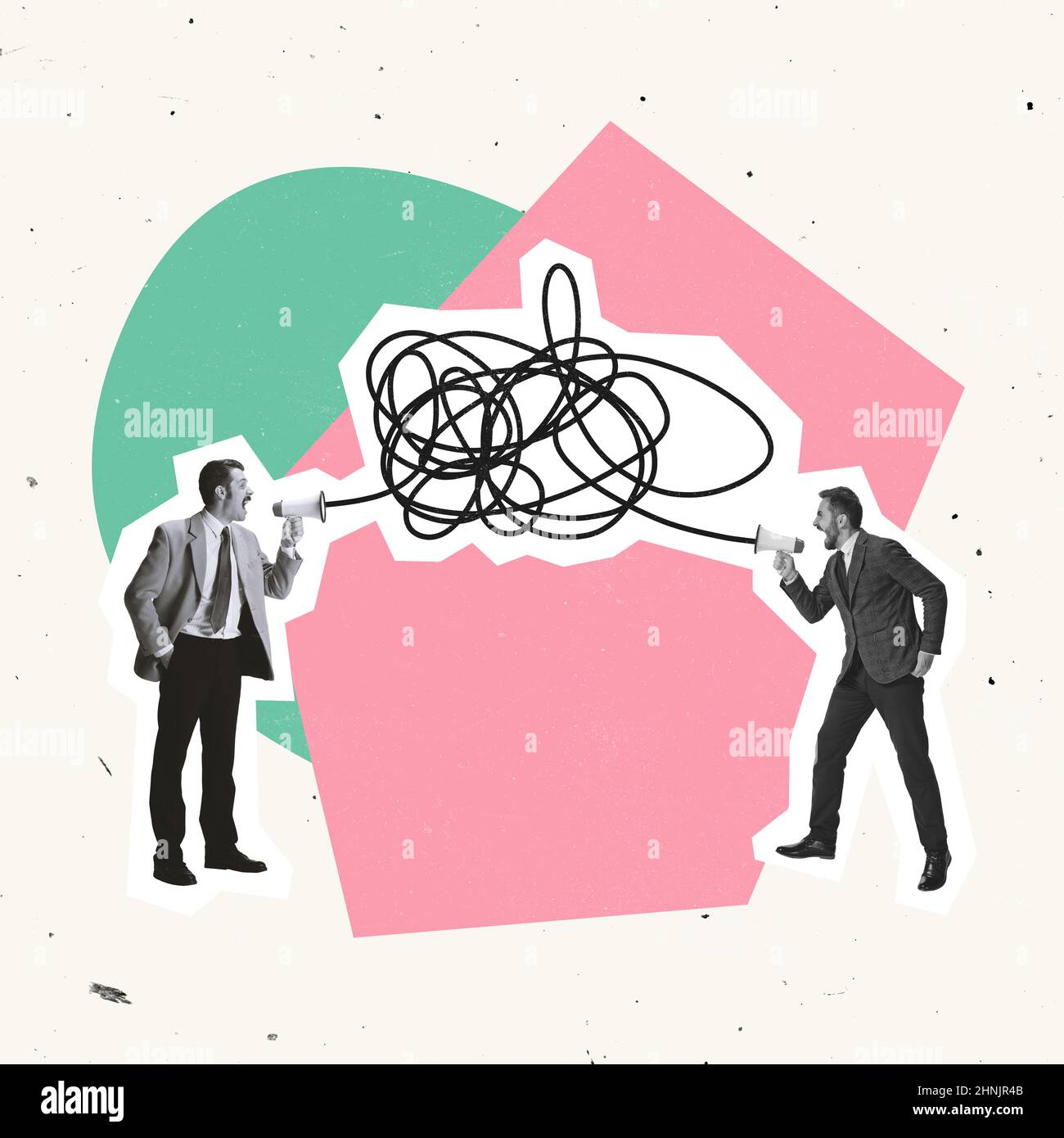 Creative design. Two employees, workers shouting at each other trying ...