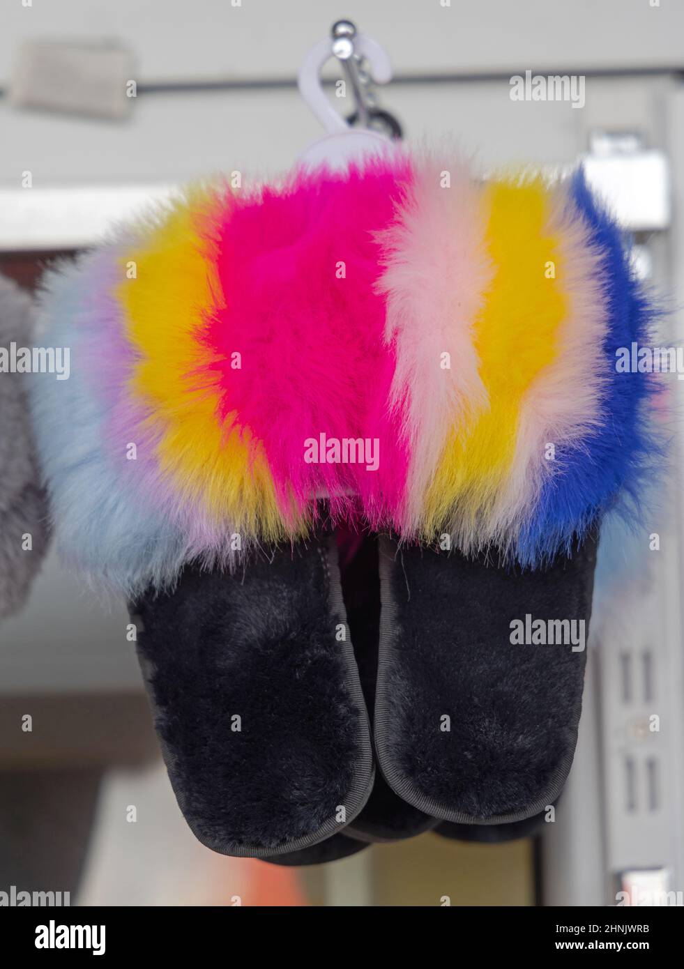 Big Fur Slides Colourful Puff Slippers Winter Fashion Stock Photo - Alamy
