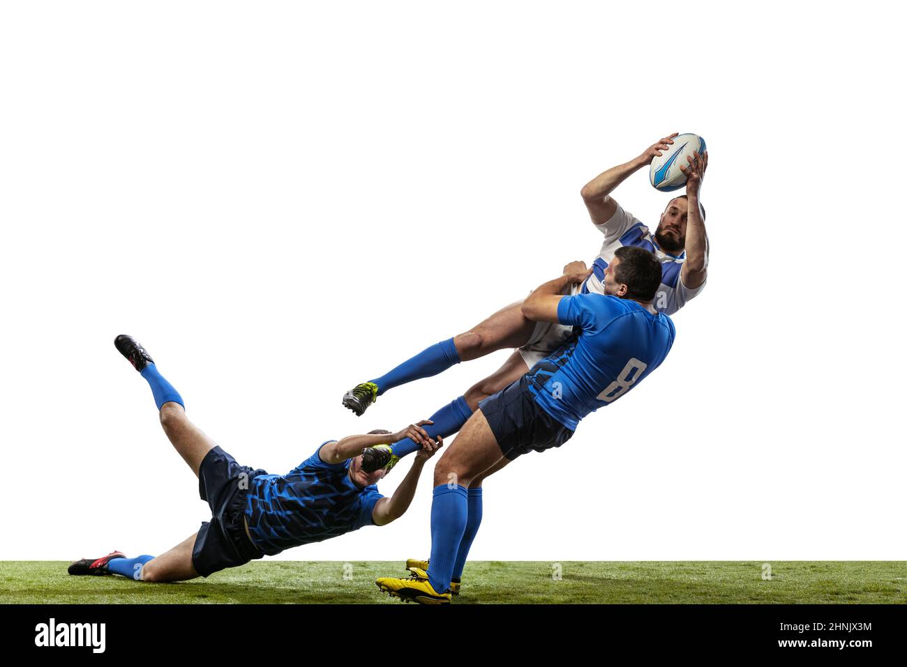 Sportive men, professional rugby players playing rugby football on ...