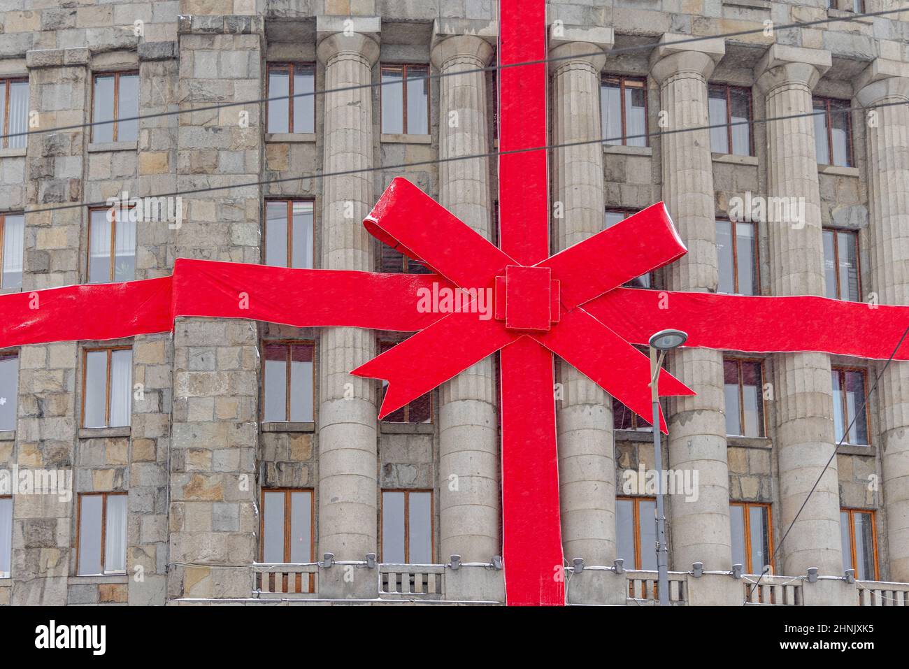 Wrapped Building in Big Red Bow Gift Christmas City Decor Stock Photo ...