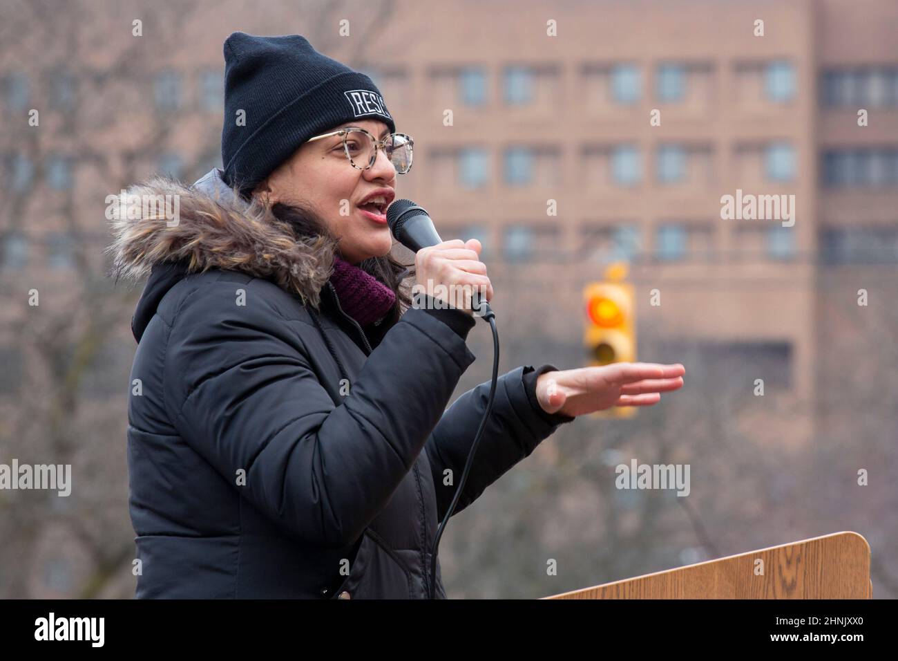 Detroit, Michigan - Congresswoman Rashida Tlaib speaks to a rally of ...